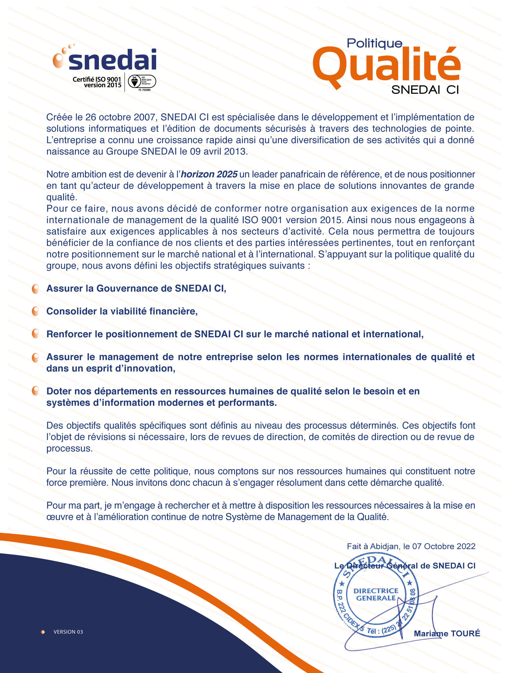 Politiques qualité – SNEDAI GROUPE